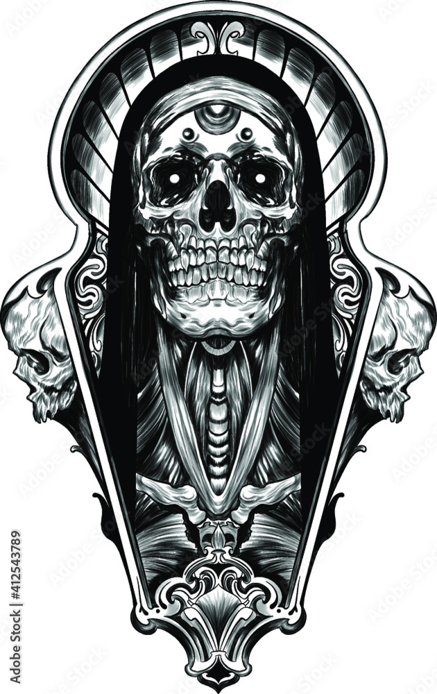 skull psychedelic sketch tattoo print vector illustration Stock Vector ...