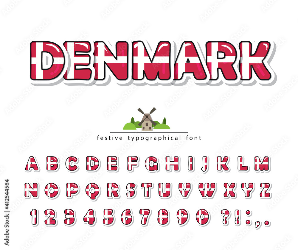 Denmark cartoon font. Danish national flag colors. Bright alphabet for ...