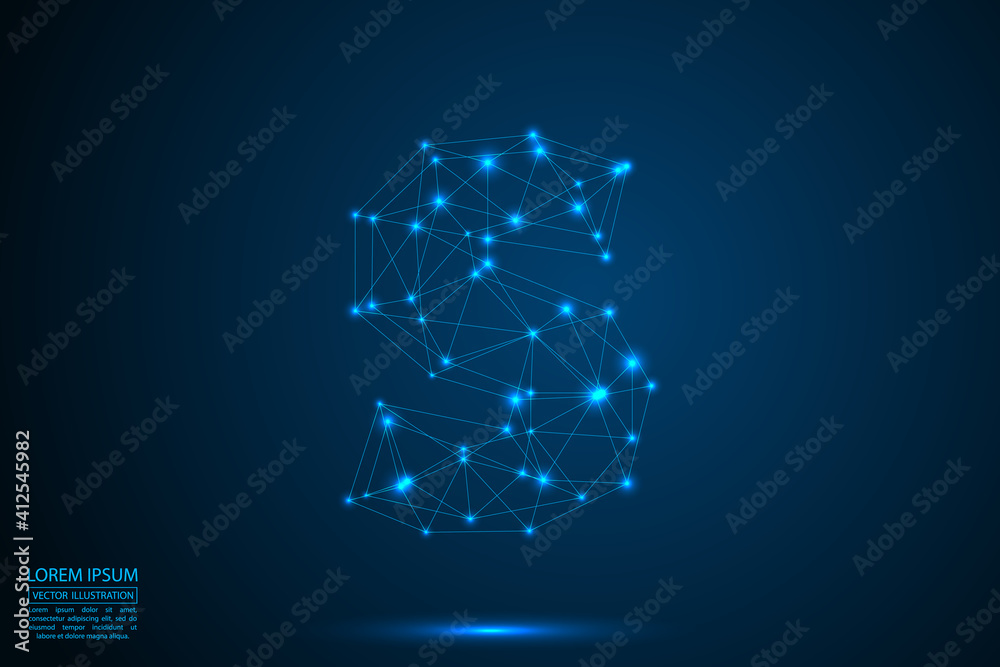 English letters abstract font consists 3d of triangles, lines, dots and ...
