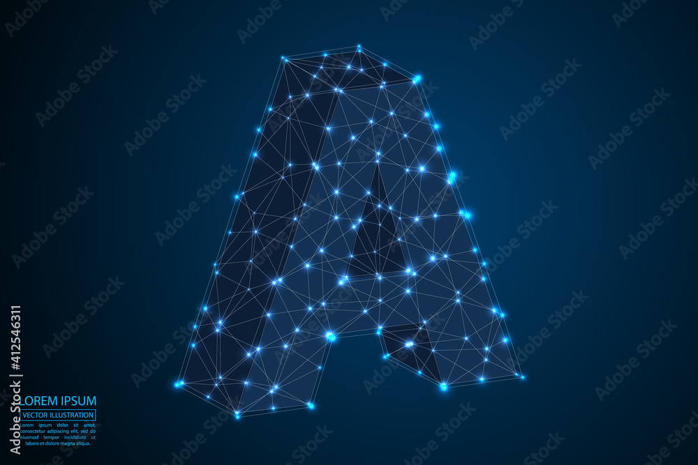 English letters abstract font consists 3d of triangles, lines, dots and ...