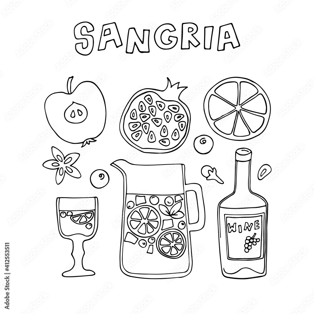 Sangria. Hand drawn illustration in doodle style. Traditional spanish ...