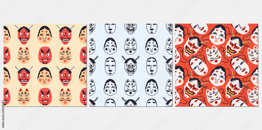 Kabuki Theater seamless pattern vector illustration. Japan mask, okame ...