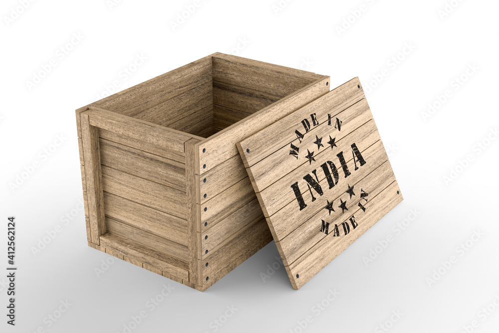 Large wooden crate with Made in India text on white background. 3D ...