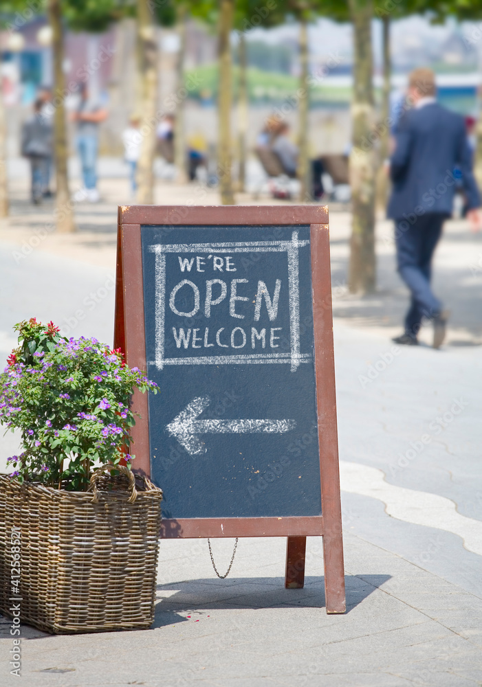 Welcome open sign, restaurant or cafe ready to service after corona ...
