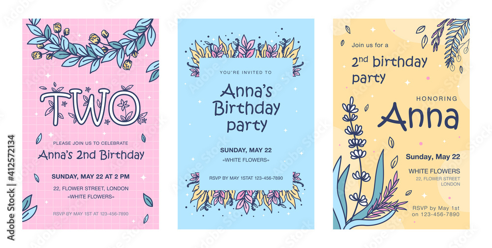 Invitation cards with flowers set. Leaves, buds, sprigs vector ...