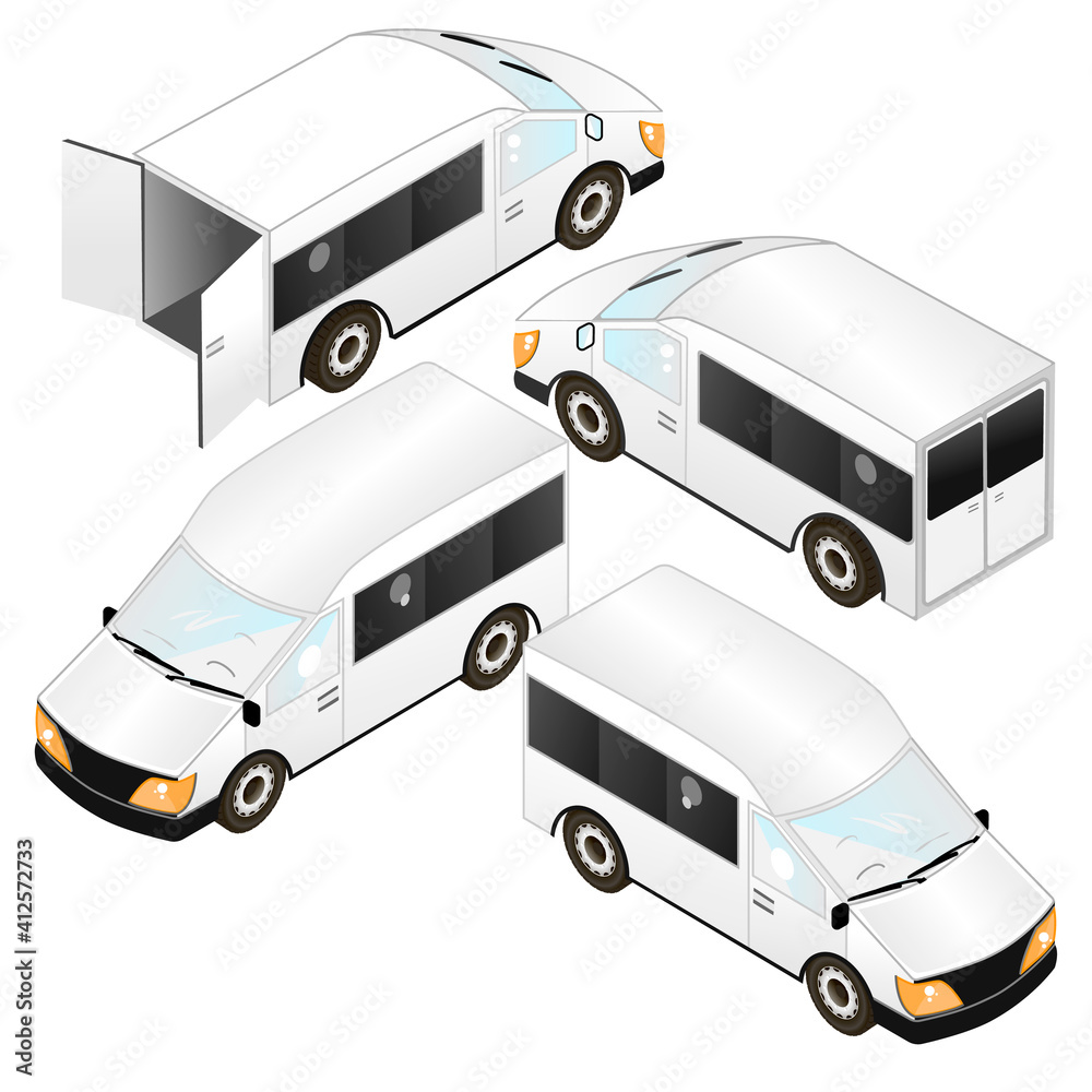 Set of minibuses in different angles isolated on a white background ...