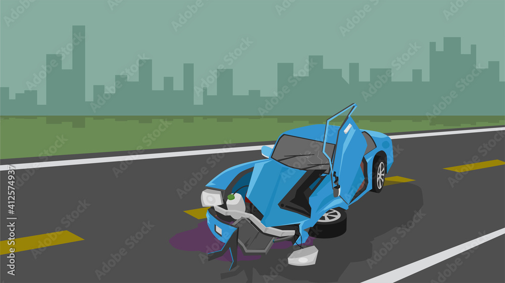 Damage of blue car crash and accident cannot drive on asphalt road. The ...