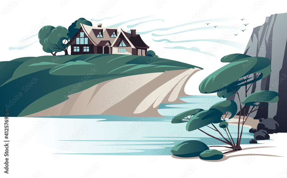 Secluded house on river bank flat color vector illustration. Empty ...