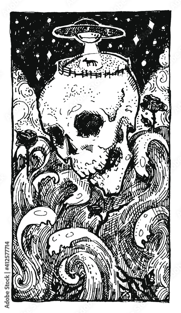 Hand drawn illustration with a skull. Sea waves and roses. Alien ship ...