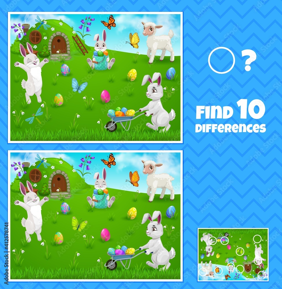 Easter egg hunt bunnies kids game of find ten differences, vector ...
