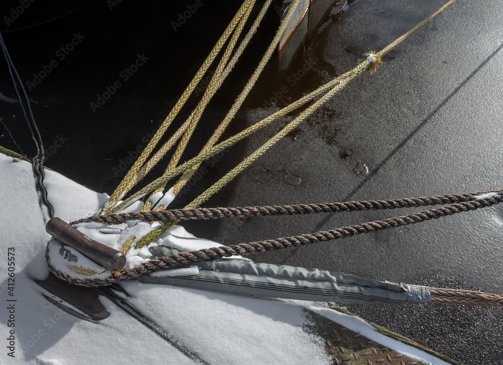 Connection. Link. Ropes at Historic wooden ships. Harbour of Zwartsluis ...