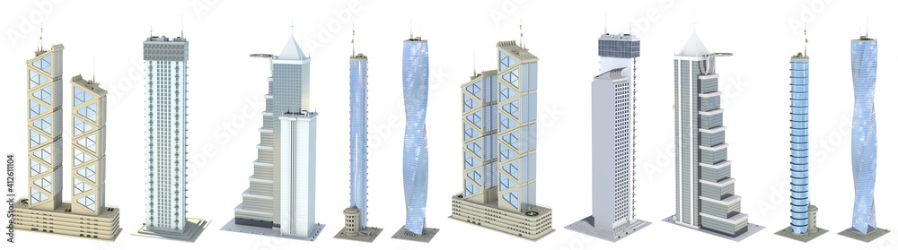 Set of high detailed futuristic tall buildings with fictional design ...