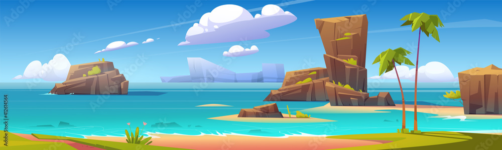 Sea beach, rock islands in water and clouds in blue sky. Vector cartoon ...