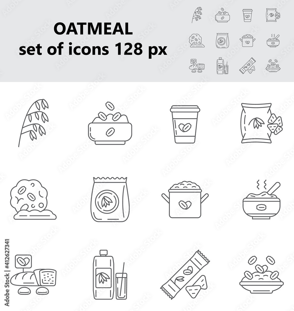 Oatmeal icons set vector in big and small size. Oat, flour bag. Cookies ...