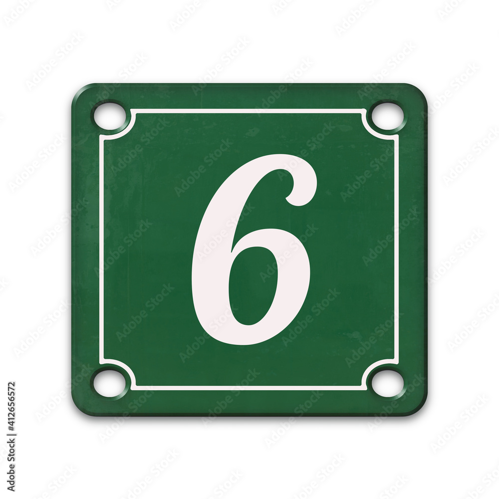 Green 3D house number plaque with plastic texture and white number 6 ...