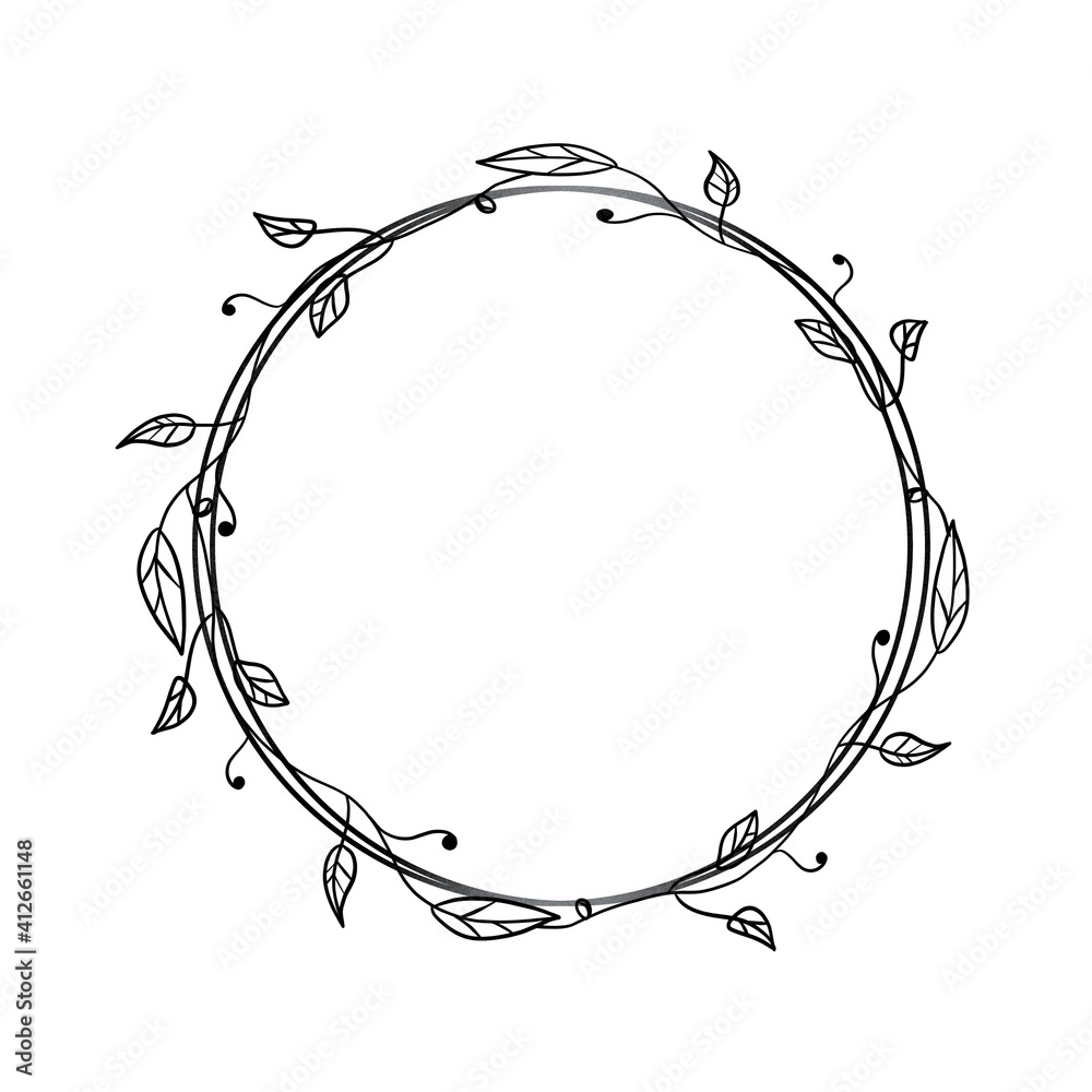 Silver round frame with climbing plants on a white background. Design ...