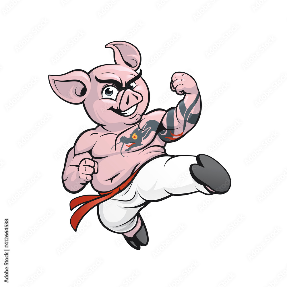 Cartoon pig karate fighter doing a flyling kick Stock Vector | Adobe Stock