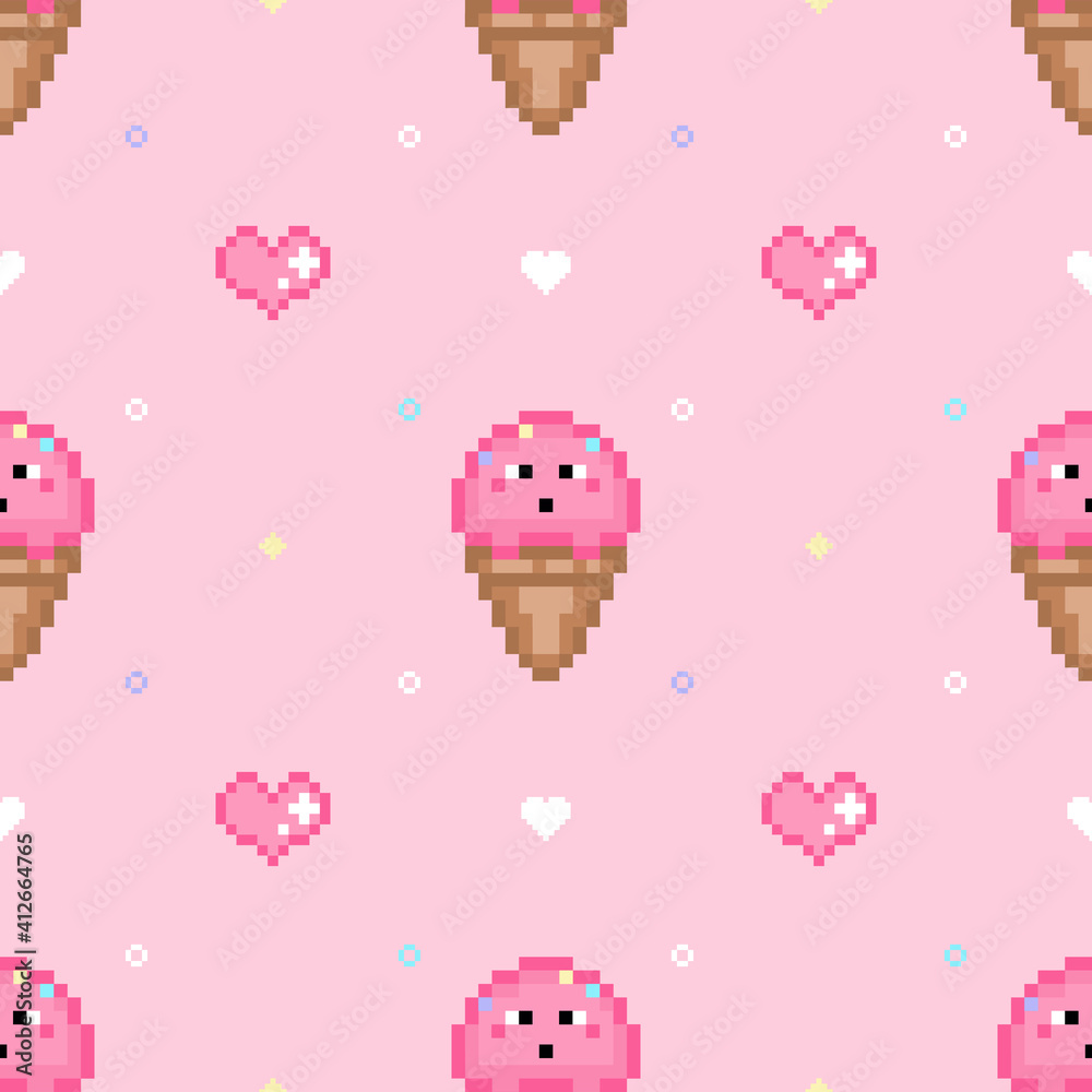 8 bit game style cute pink seamless pattern for girls. Cone of ice ...