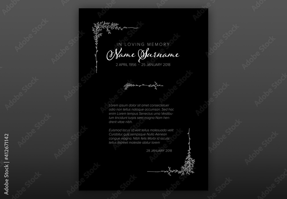 Black Funeral Condolence Card Layout with Floral Elements Stock ...