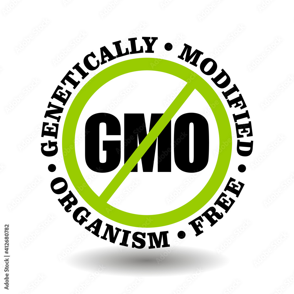 Prohibited genetically modified icon, non GMO free vector stamp for healthy food sign, organic ...