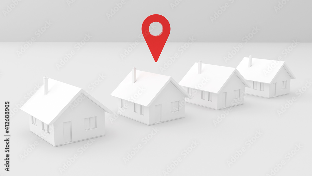 Render 3D abstract visualization with houses in a row and gps location ...