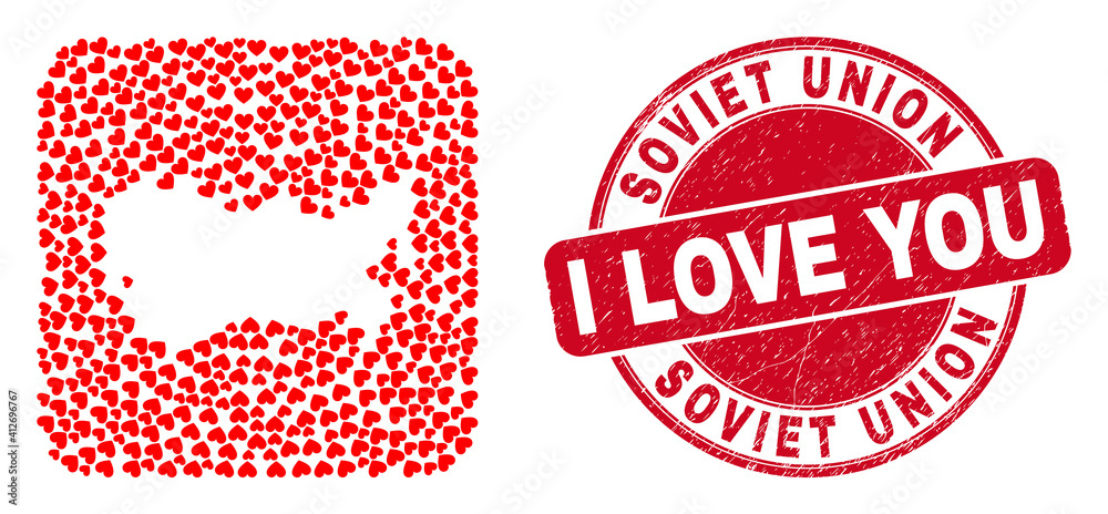 Vector collage Soviet Union map of love heart items and grunge love ...