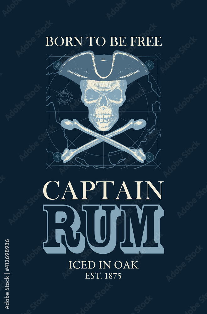 Vector banner or label with the inscription Captain Rum and the words ...