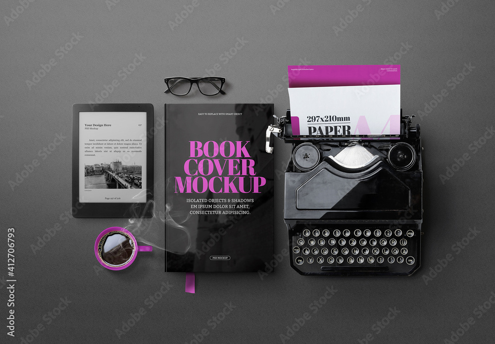 E-Book Reader Mockup & Old Typewriter Stock Template | Adobe Stock