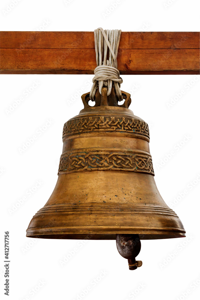 Vintage church bronze bell hanging on a wooden beam.Isolated on a white ...