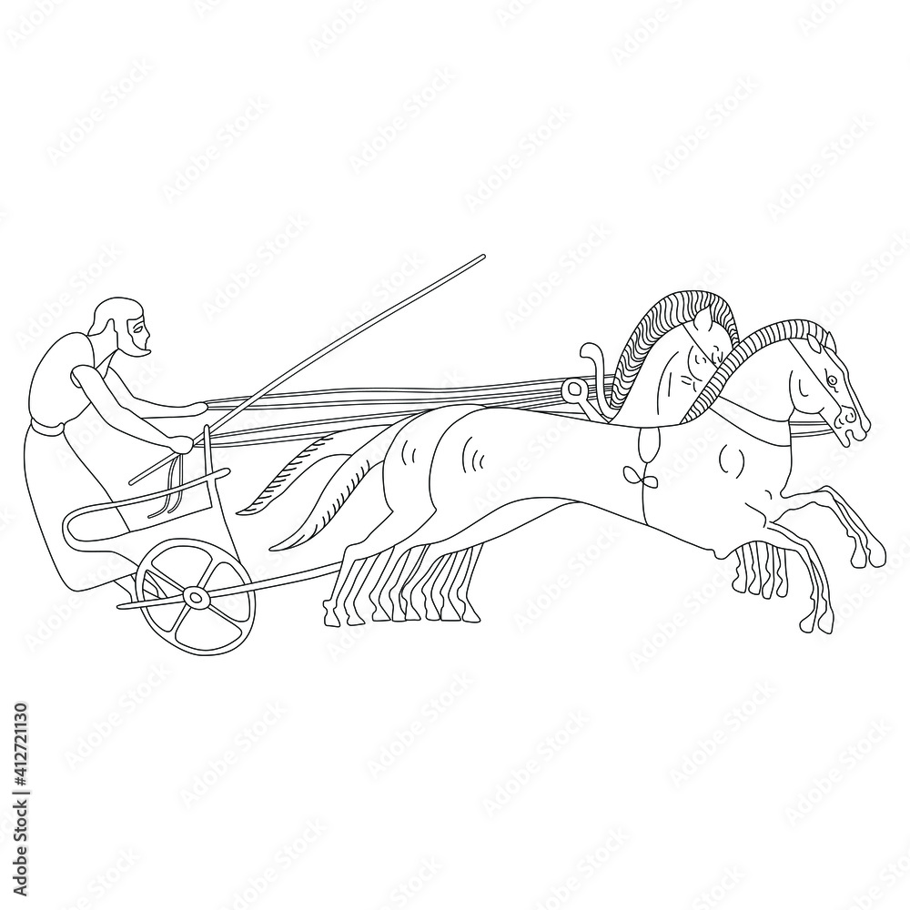 Ancient Greek chariot with a charioteer and horses. Vase painting motif ...
