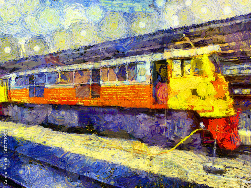 Thai train at the train station Illustrations creates an impressionist ...