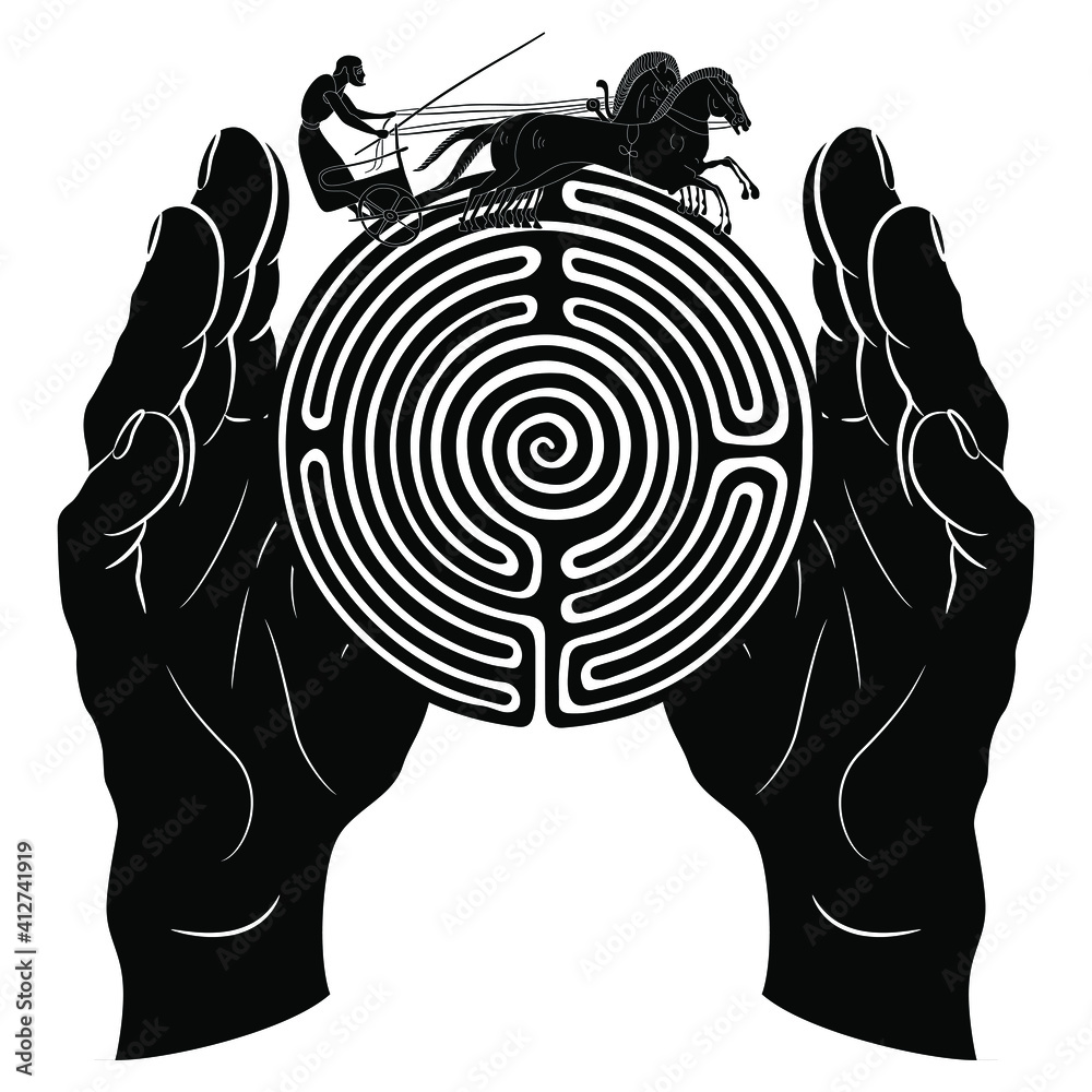Two human hands holding maze or labyrinth symbol with a man driving ...