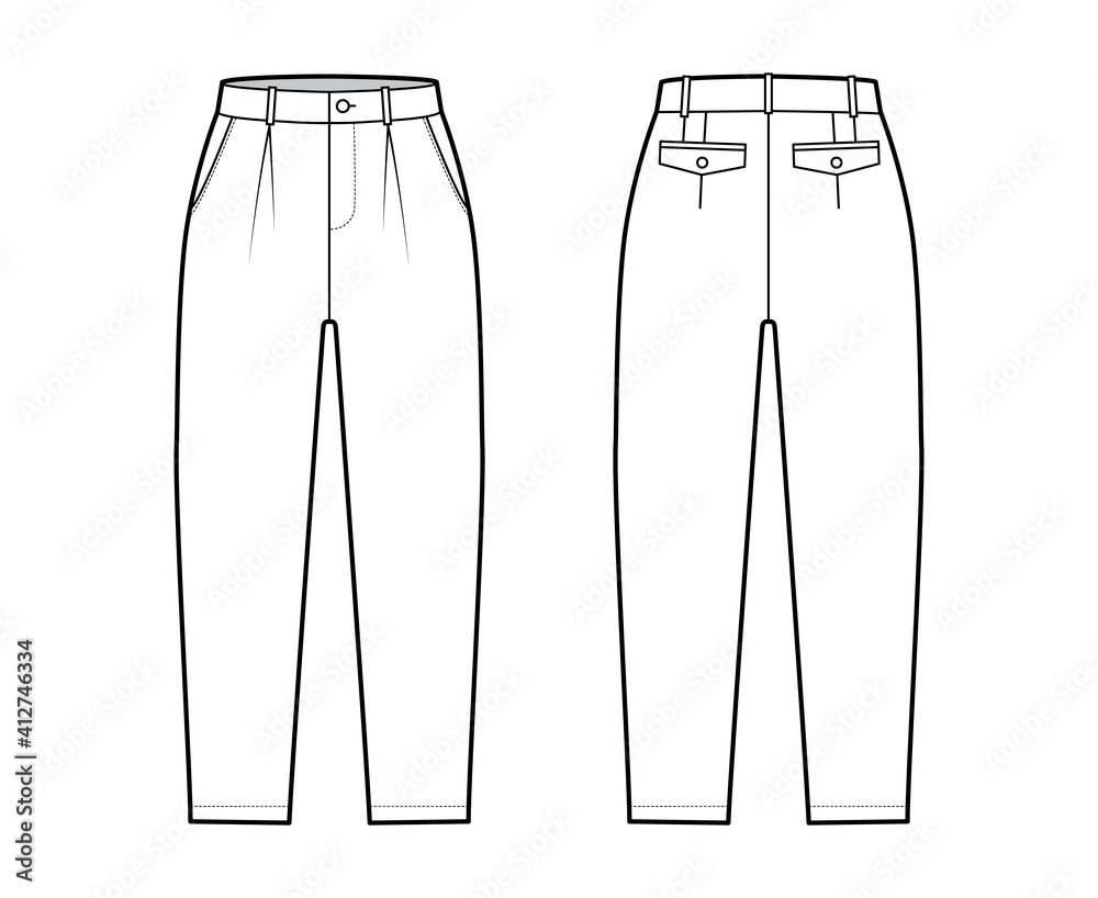 Capri pants technical fashion illustration with belt loops, calf length ...