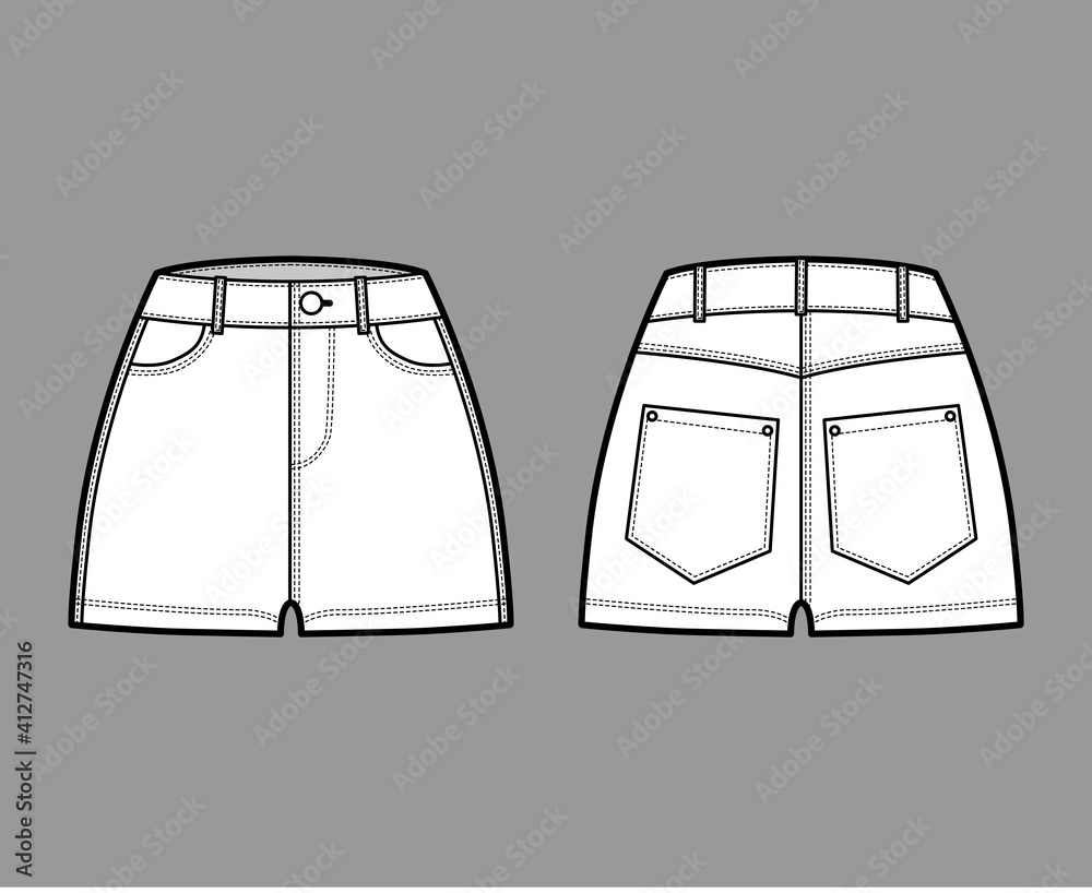 Denim hot short pants technical fashion illustration with micro length ...