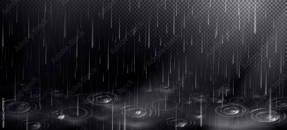 Rain and puddle with circles from falling drops. Rainy weather elements ...