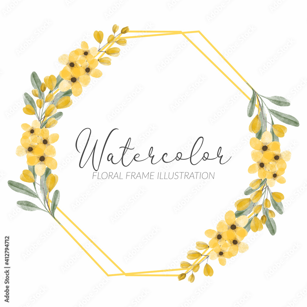 watercolor yellow floral rustic golden frame Stock Vector | Adobe Stock