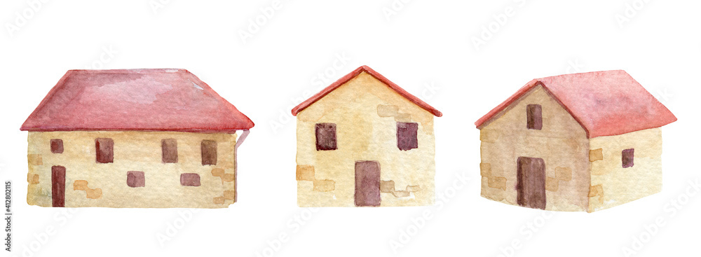 Brick house watercolor set image. Hand drawn various retro houses with ...
