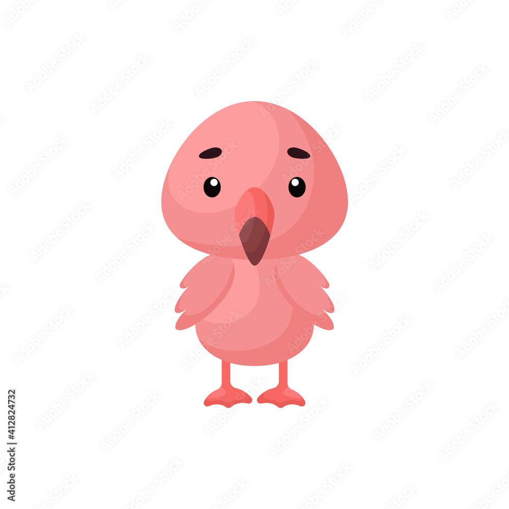 Cute little flamingo on white background. Cartoon animal character for ...