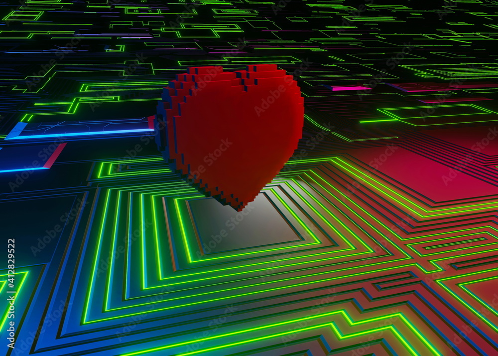 Pixel shaped 3D red heart in fantasy curved motherboard like, virtual ...