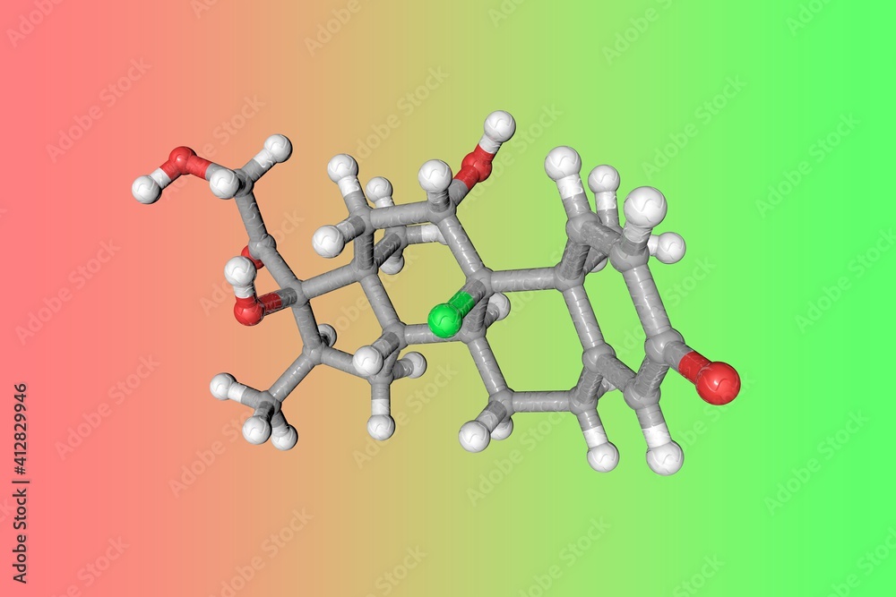 Molecular structure of dexamethasone. Atoms are represented as spheres ...