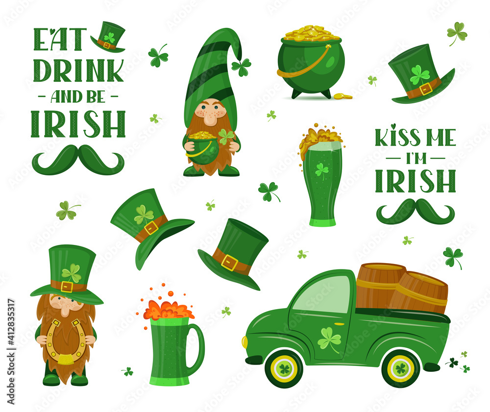 Set of traditional Irish elements and lettering signs for Patrick's day ...