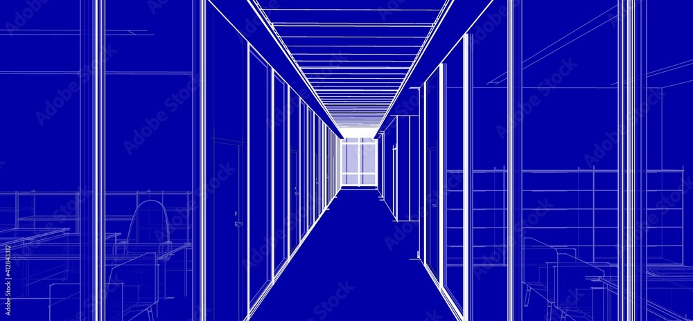 3d illustration perspective of an office corridor with glass partition ...