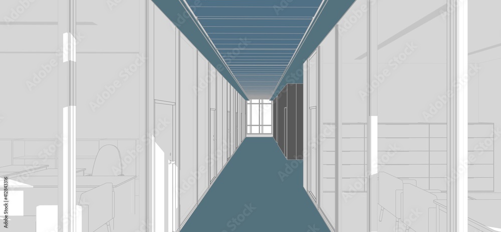 3d illustration perspective of an office corridor with glass partition ...