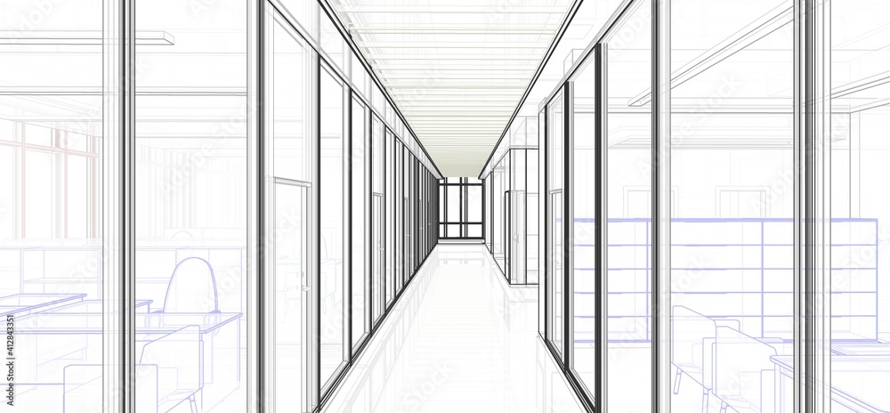 3d illustration perspective of an office corridor with glass partition ...