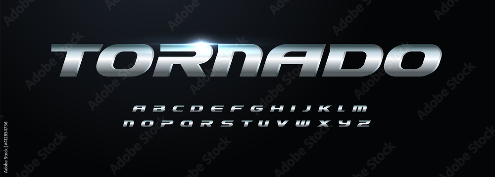 Steel modern alphabet. Bold italic iron font, stainless metal type for ...