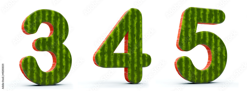 Fruit Alphabet. Watermelon numbers 3, 4, 5. 3d render font. Easy bottom ...