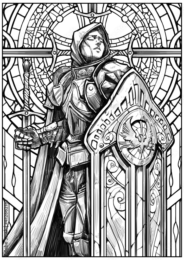 The girl knight in heavy armor with a huge tower shield and a sword ...