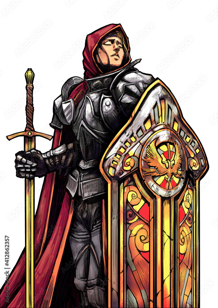The girl knight in heavy armor with a huge tower shield and a sword ...