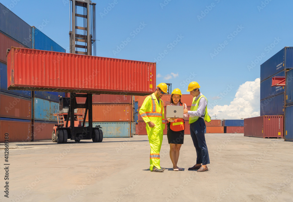 Group of Asian teamwork of workers people team company working in cargo ...