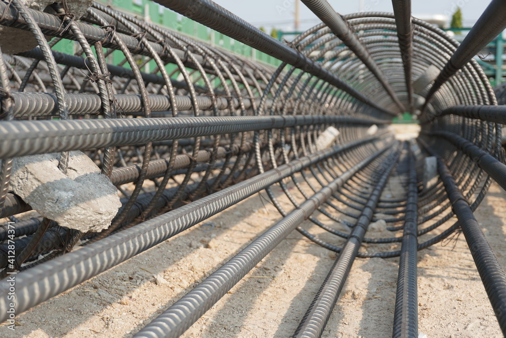 Steel rebar for bore pile reinforcement concrete at construction site ...